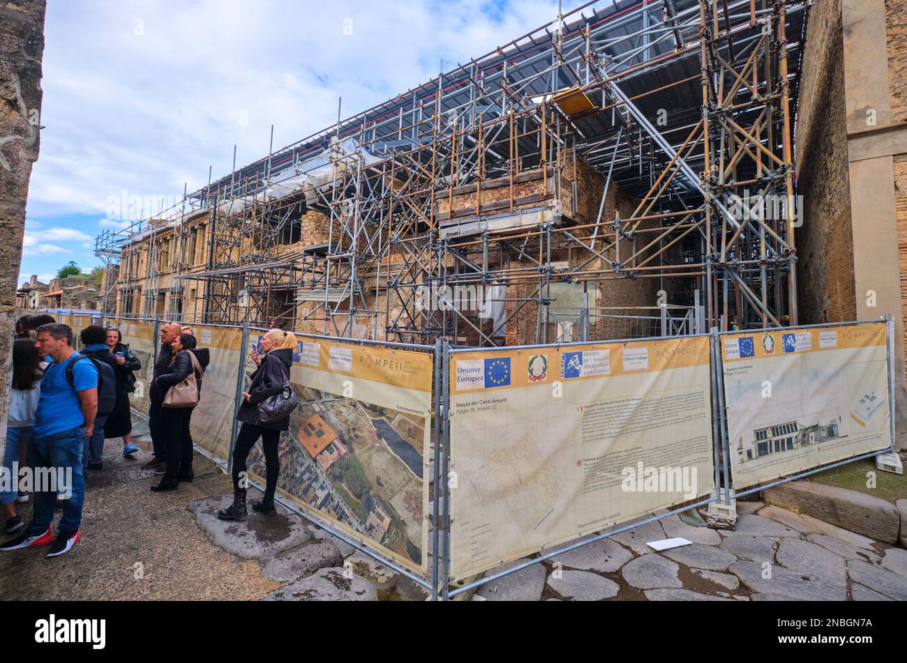 Preservation, restoration work with metal scaffolding being done at a ...