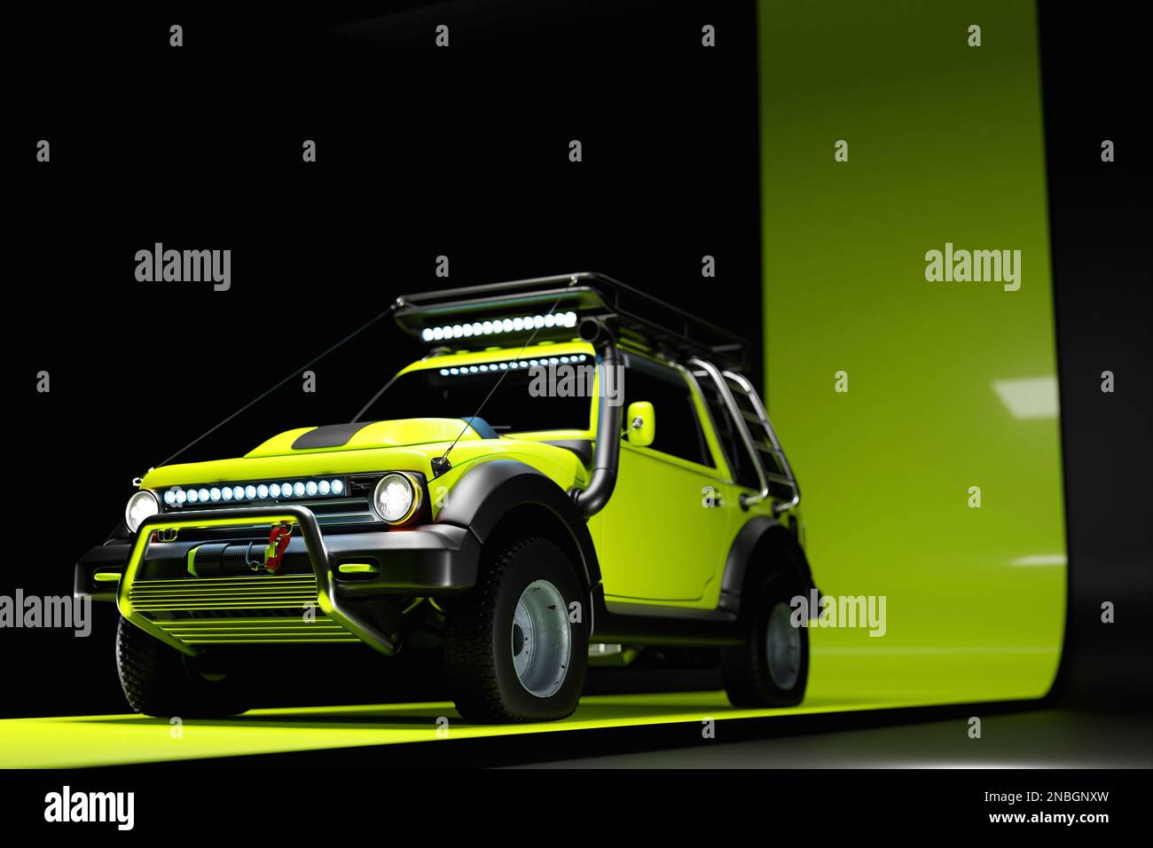 Green SUV adventure vehicle isolated on black background. 3D ...