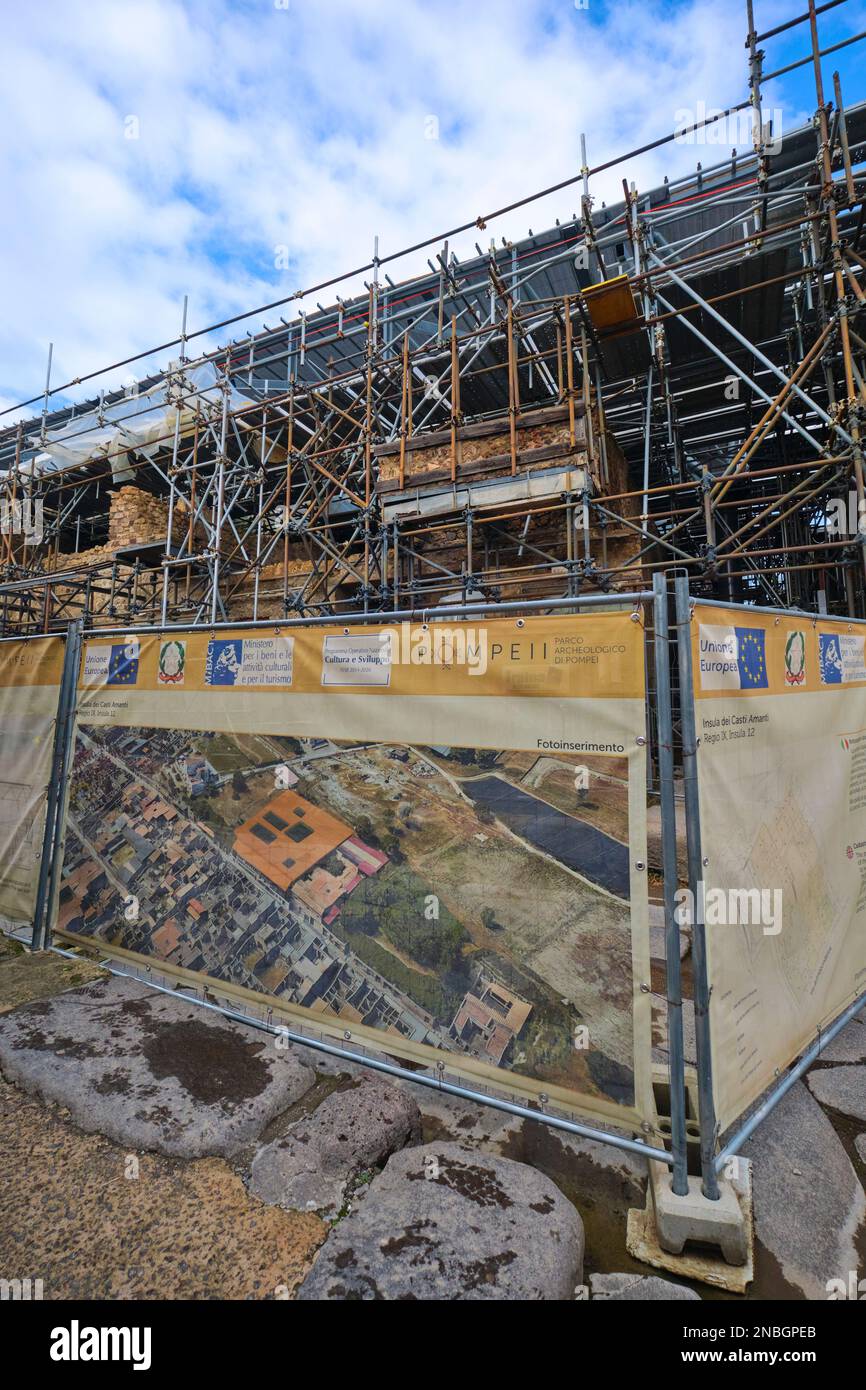 Preservation, restoration work with metal scaffolding being done at a ...