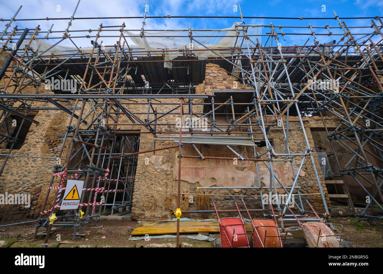 Preservation, restoration work with metal scaffolding being done at a ...