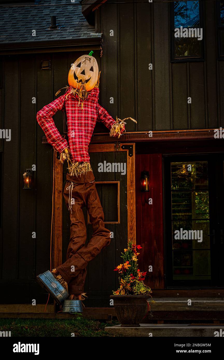 A vertical shot of a giant scarecrow leaning against a house Stock ...