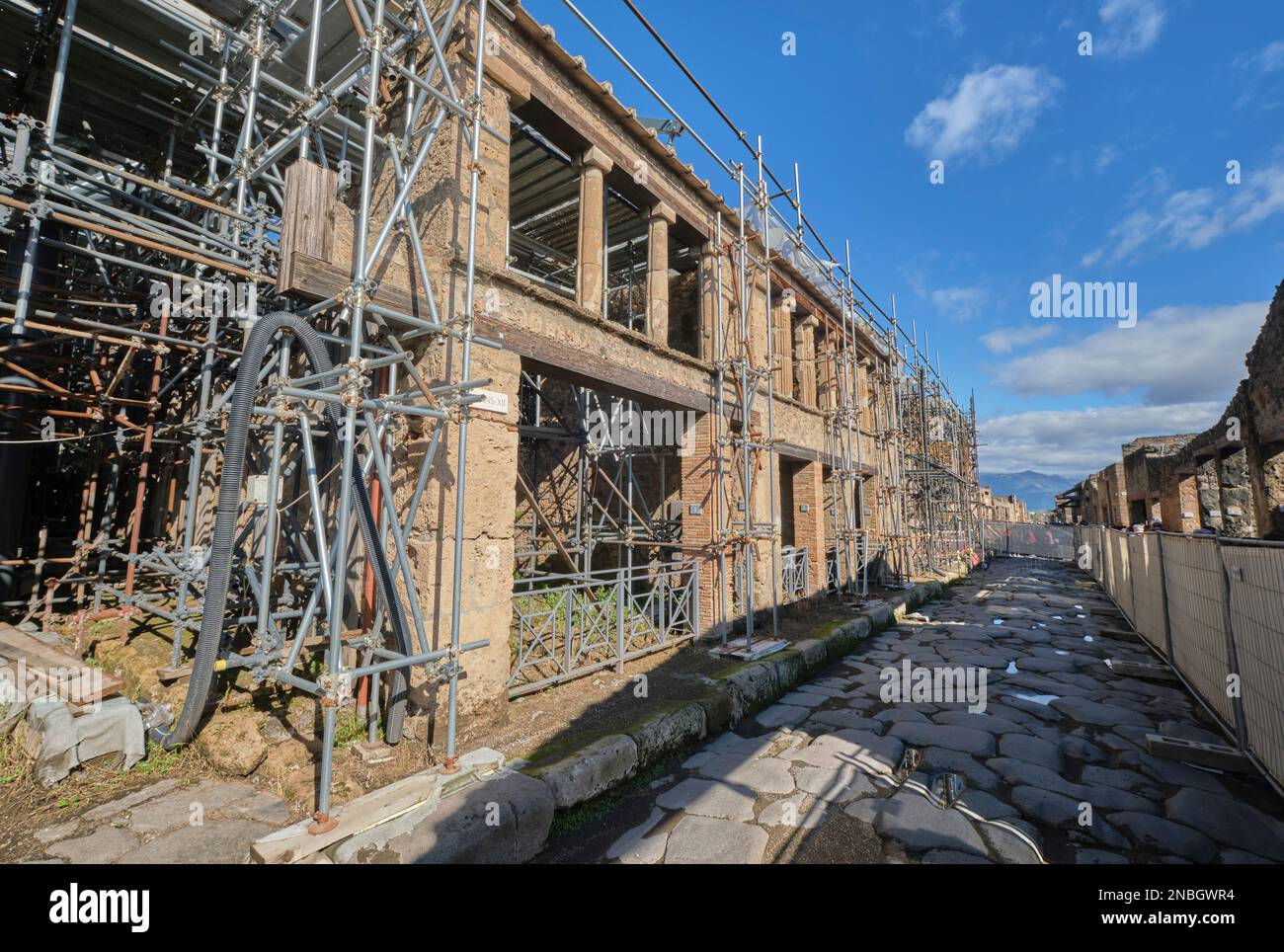 Preservation, restoration work with metal scaffolding being done at a ...