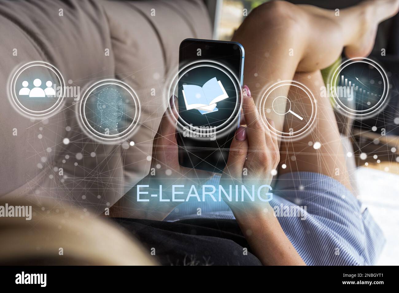 laptop computer and tablet in modern office with virtual icon diagram ...