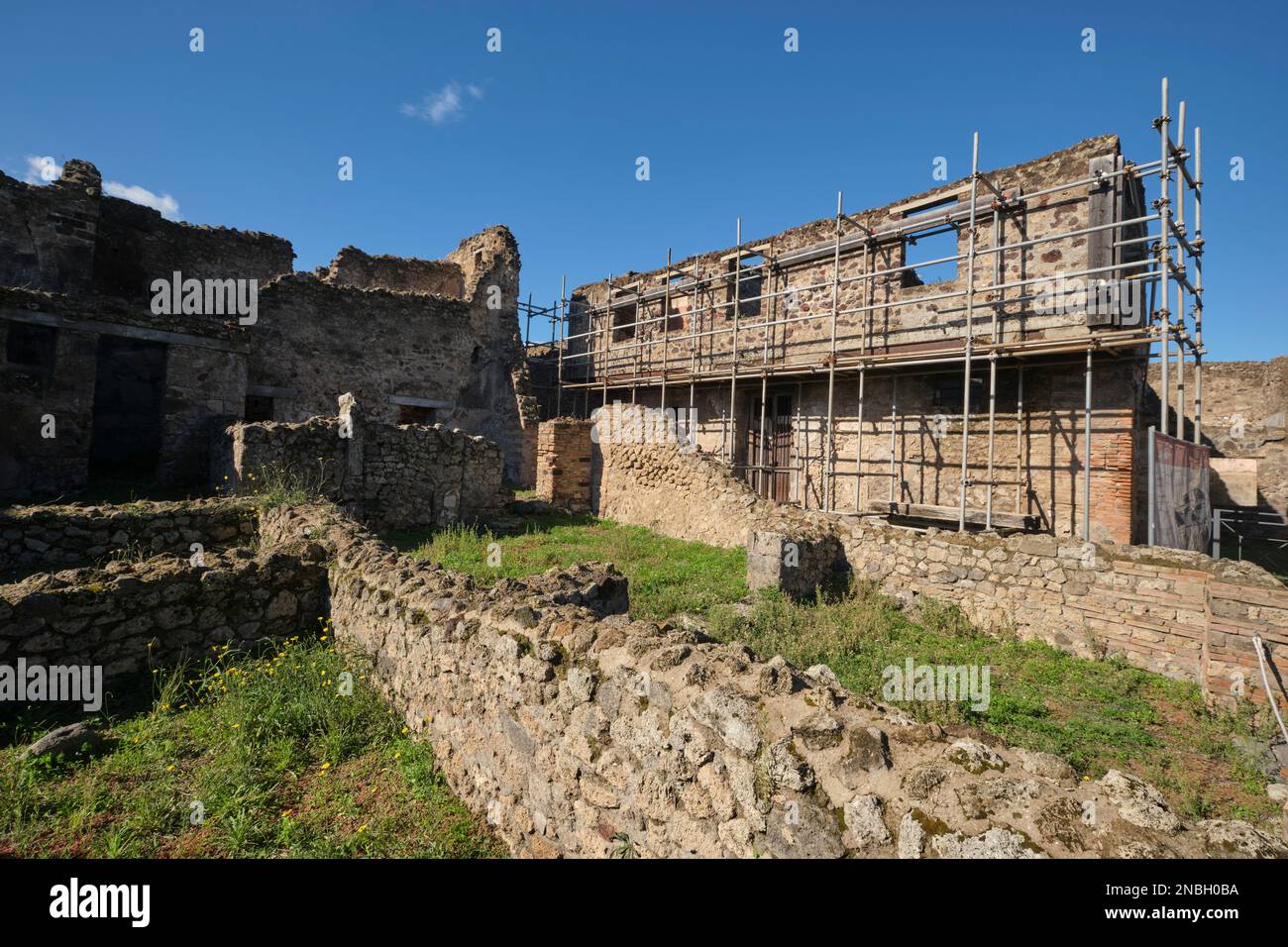 Preservation, restoration work with metal scaffolding being done at a ...