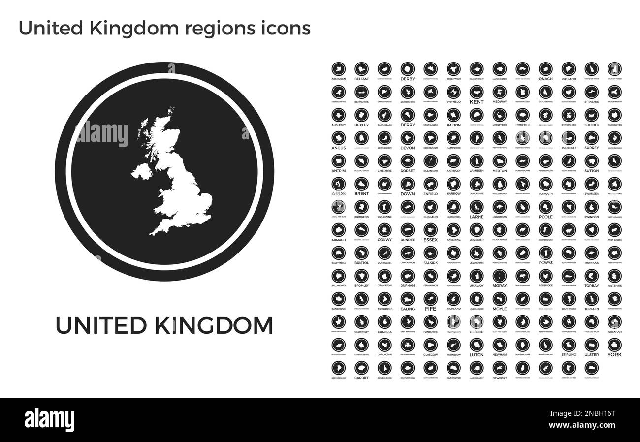 United Kingdom regions icons. Black round logos with country regions ...