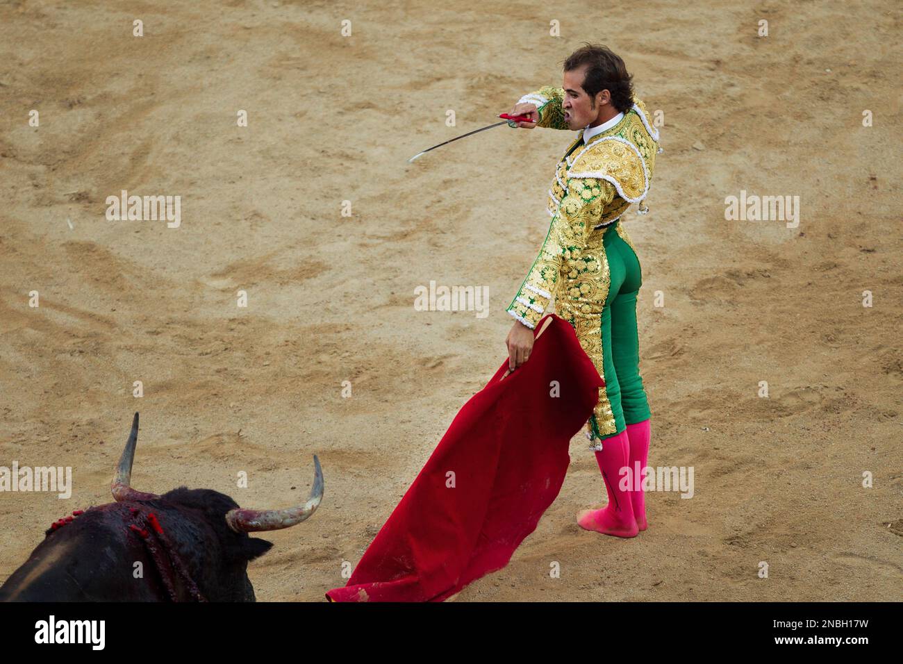 Spanish bullfighter Ivan Fandino prepares to kill a Fuente Ymbro's ...