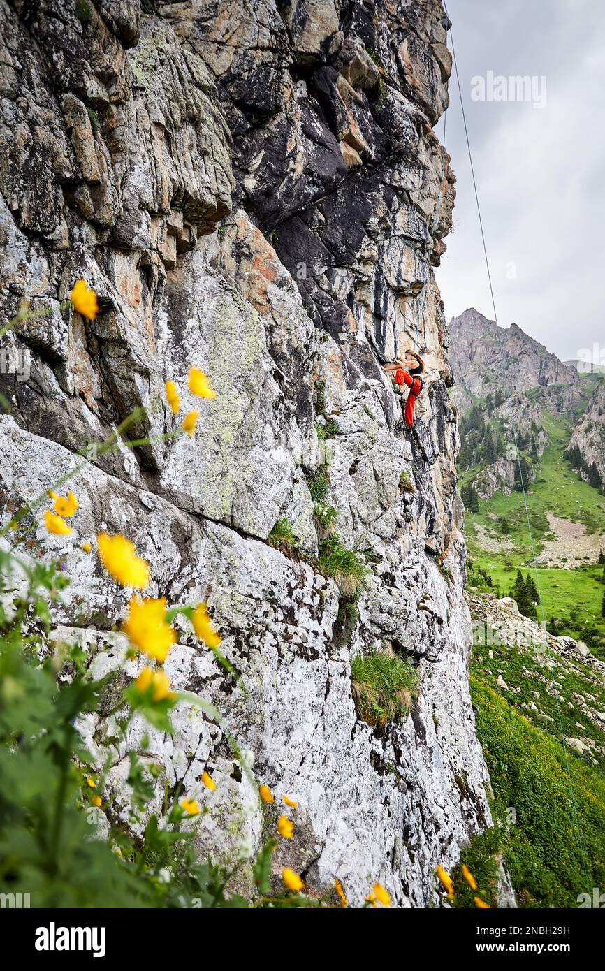 Fit strong woman in red costume climbing on the high vertical rock at ...