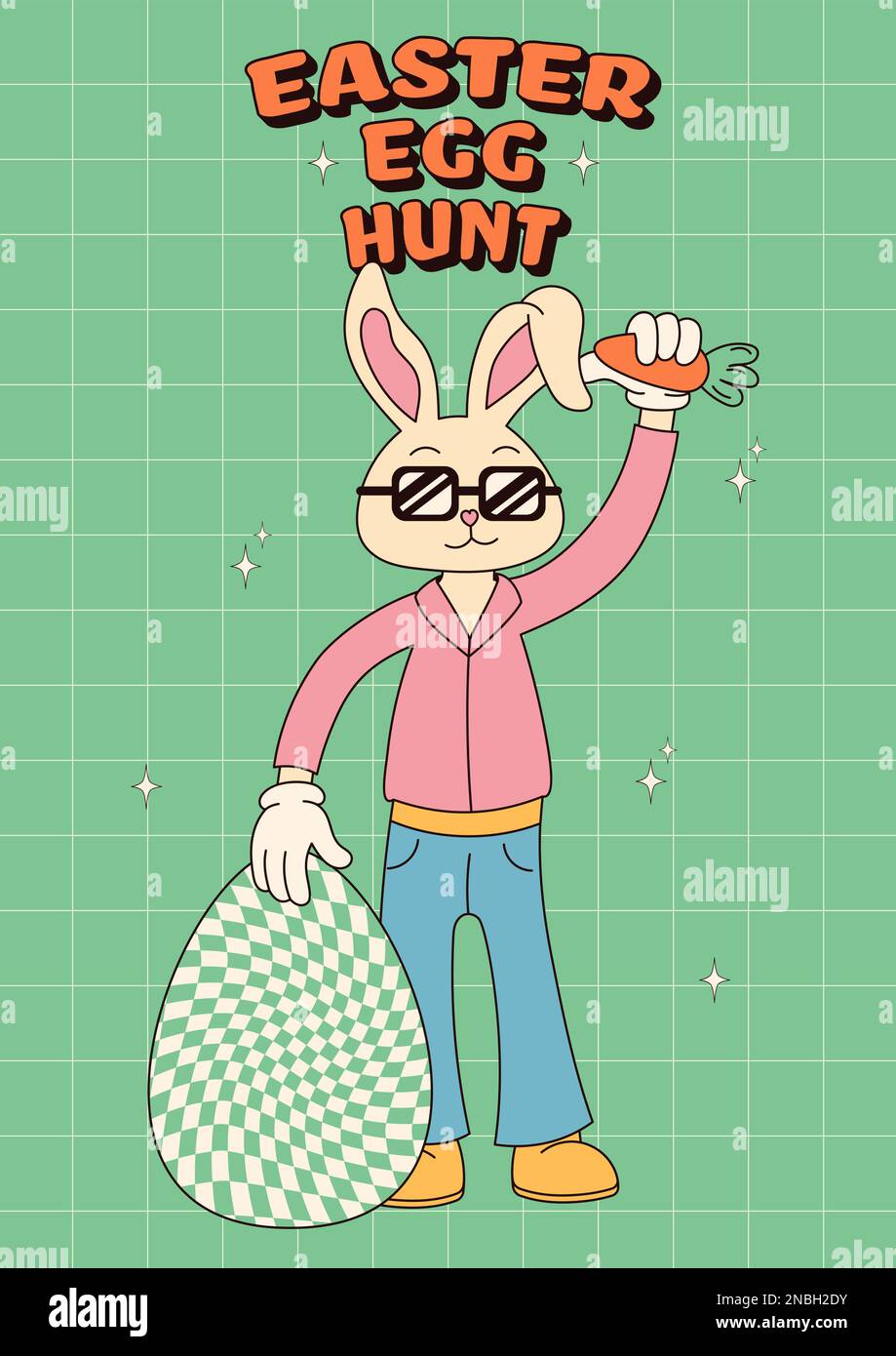 Groovy hippie Happy Easter posters. Easter bunny. Vector card in trendy ...