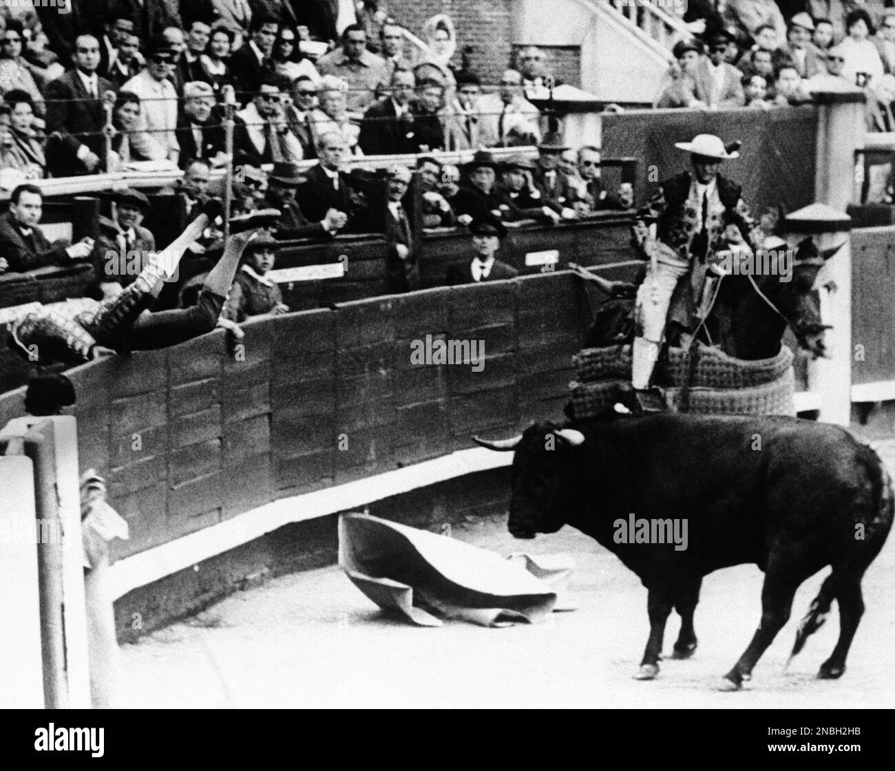 Mexican matador Alfredo Leal, leaving his cape in his wake, dives head ...