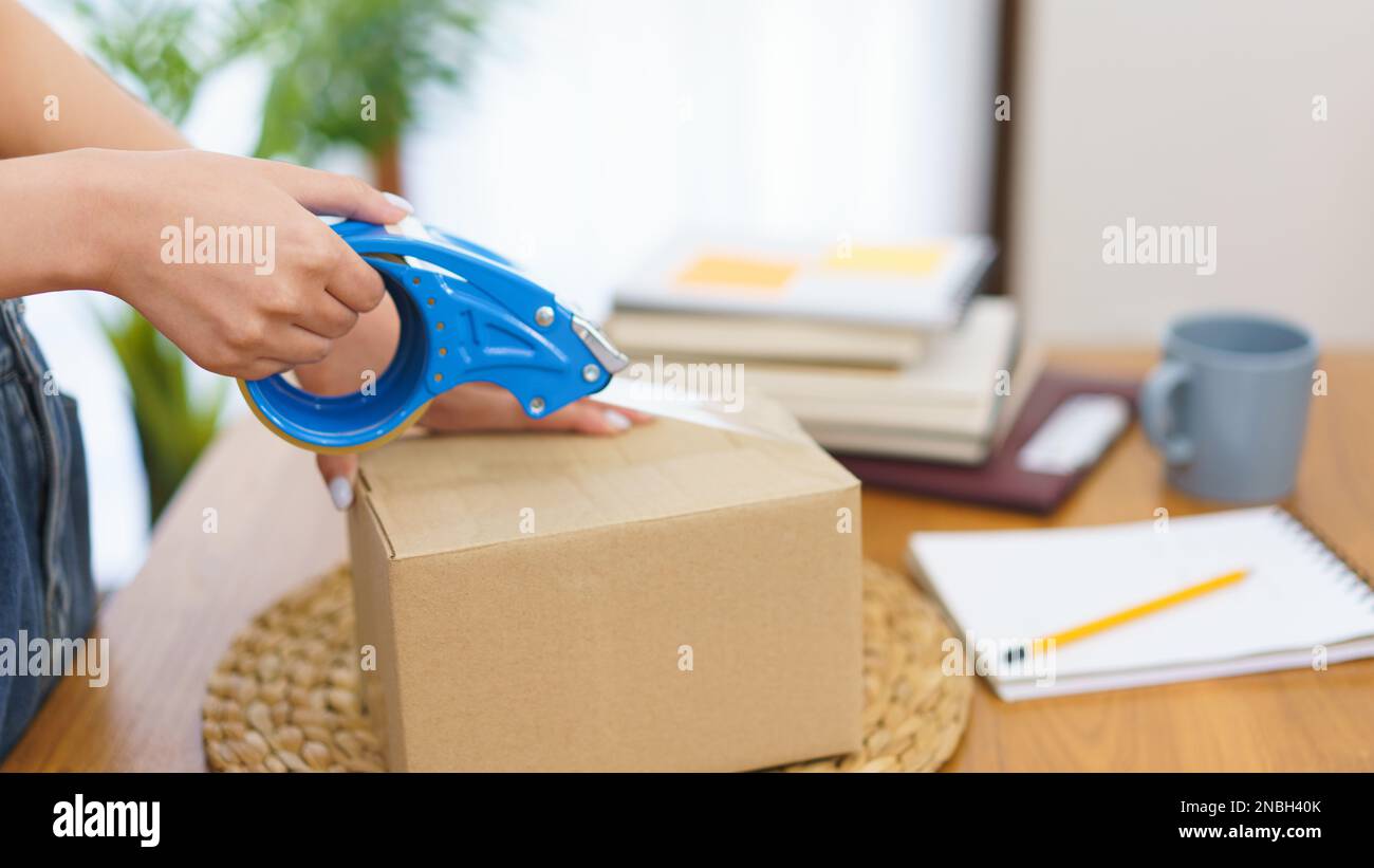 Online merchant concept, Fashion designer packing clothes into parcel ...