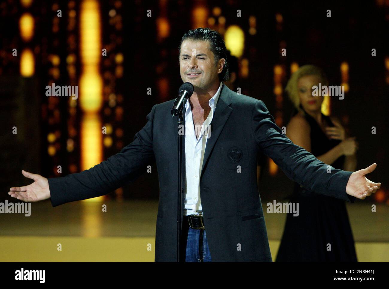 Lebanese pop star, Ragheb Alameh performs during the beauty pageant of ...