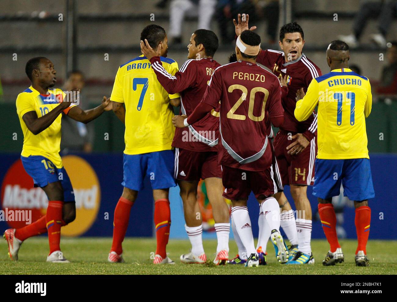 Venezuela and Ecuador players argue during a group B Copa America ...