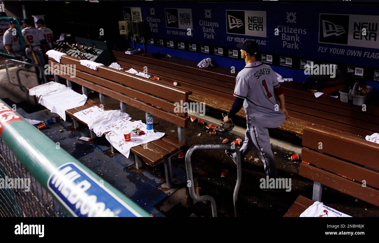 Atlanta Braves' Jordan Schafer walks off the field after a baseball ...