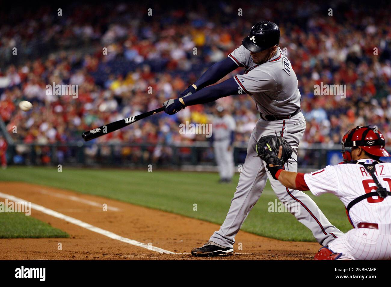 Atlanta Braves' Freddie Freeman hits an RBI-single off Philadelphia ...