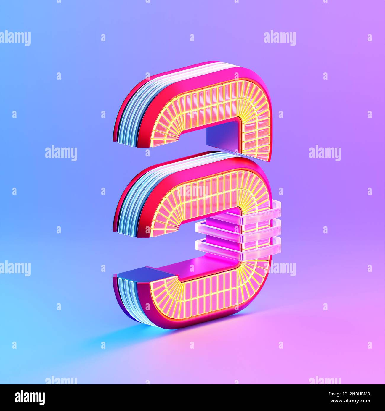 3D illustration, Number 3 three over c neon lights on pink background ...