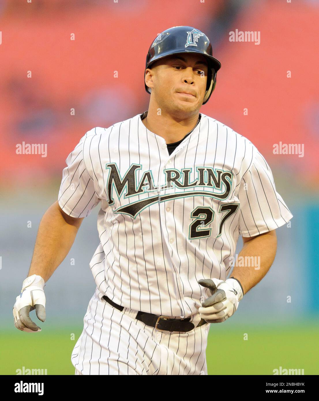 Florida Marlins Mike Stanton (27) rounds the bases during a game ...