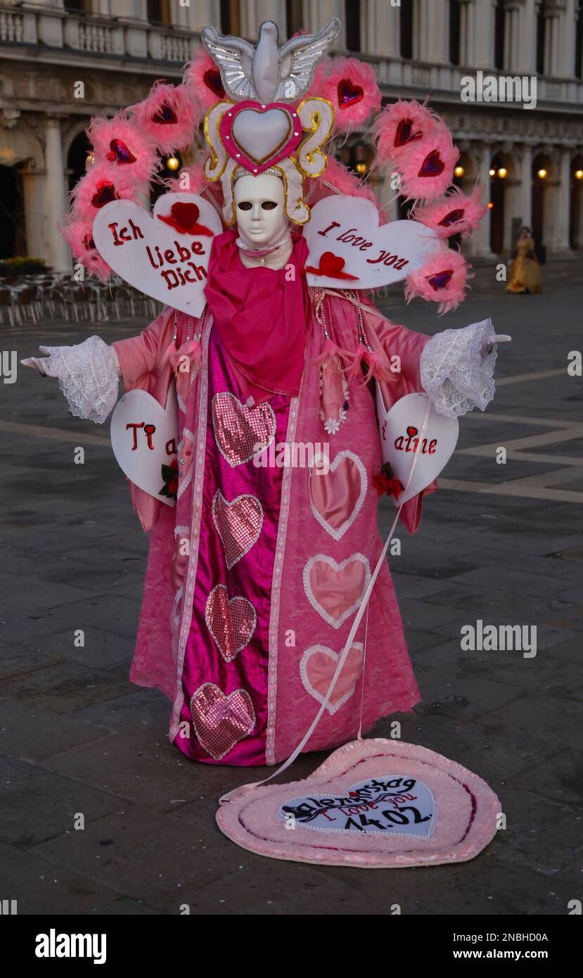 Venice, Italy. 14th February 2023. Revellers wearing traditional ...