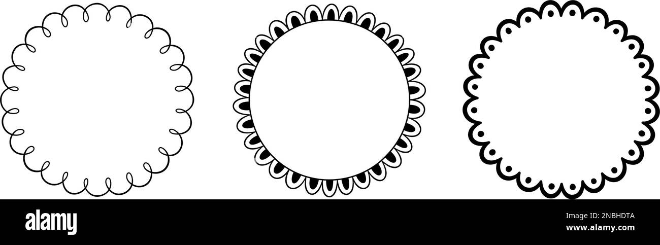 Doodle circle scalloped frame. Hand drawn scalloped edge ellipse shape ...