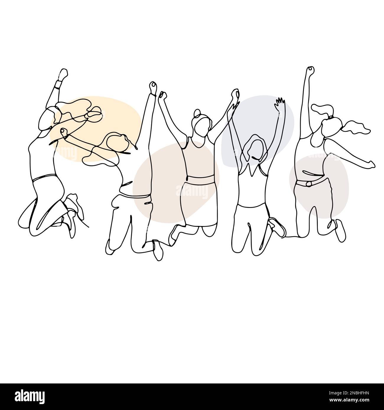 Single line drawing of jumping women with pastel abstract shapes Stock ...