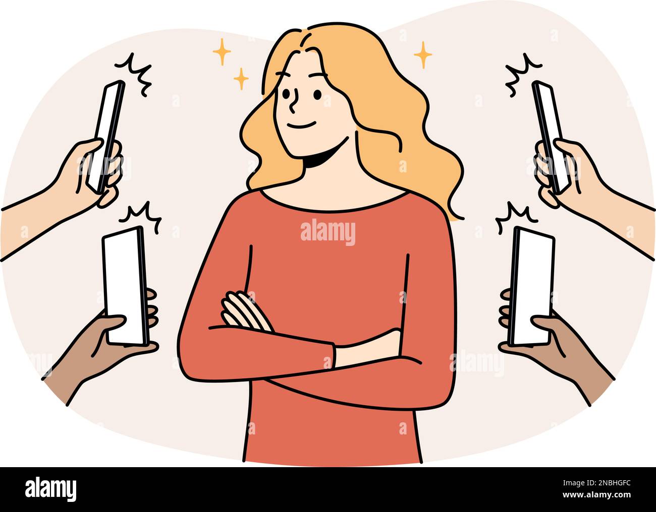 Numerous people with cellphones photograph smiling confident woman ...