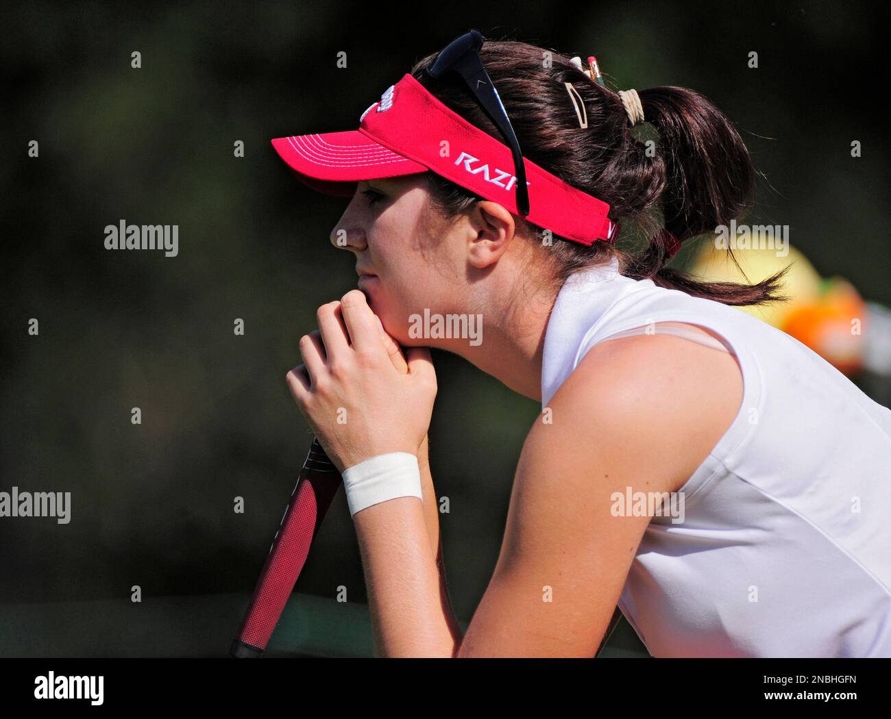 Sandra Gal, of Germany, lines up a putt on the 13th hole during the ...