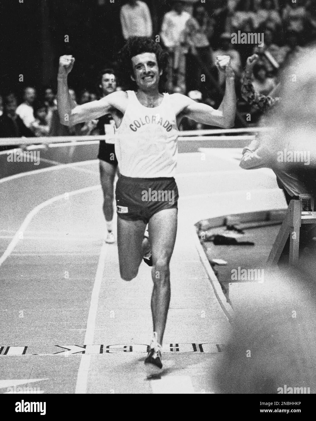 Distance runner Frank Shorter of the Colorado Track Club expresses his ...