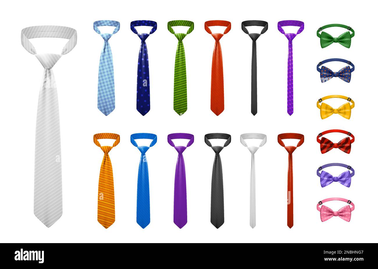 Realistic set of neckties and bow ties of different style and color ...