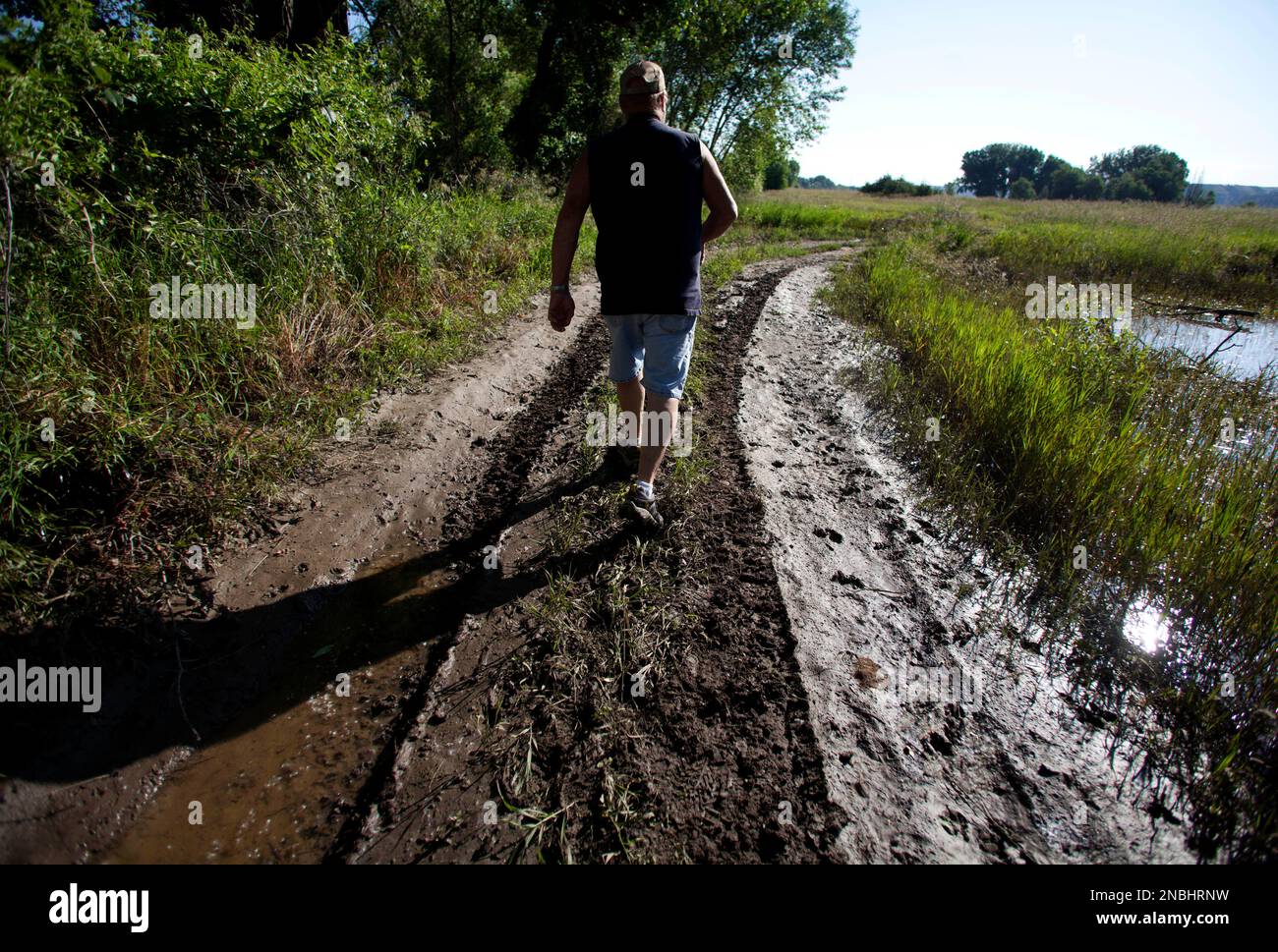 Robert Castleberry walks through oil and mud near his flooded and oil ...