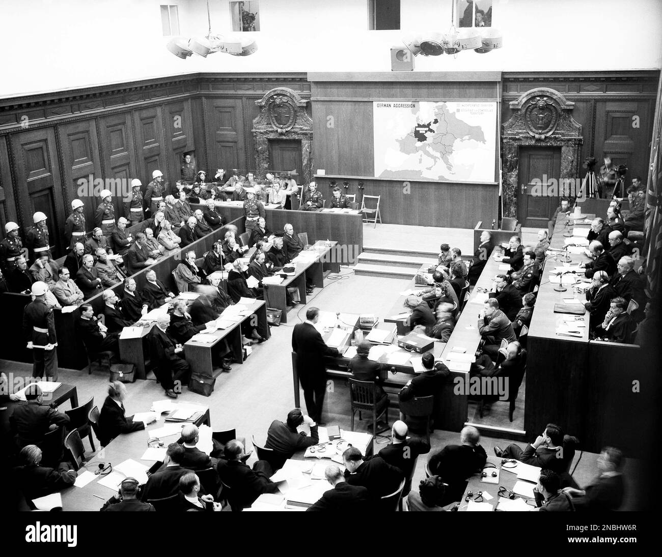Justice Robert Jackson, U.S. prosecutor (lower center) makes his speech ...