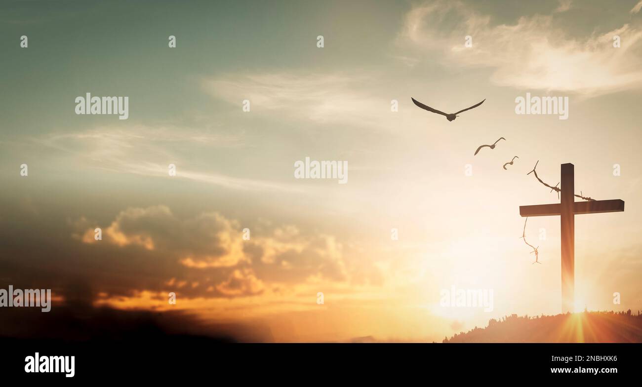 Cross of jesus christ break barrier wire on calvary sunset background ...