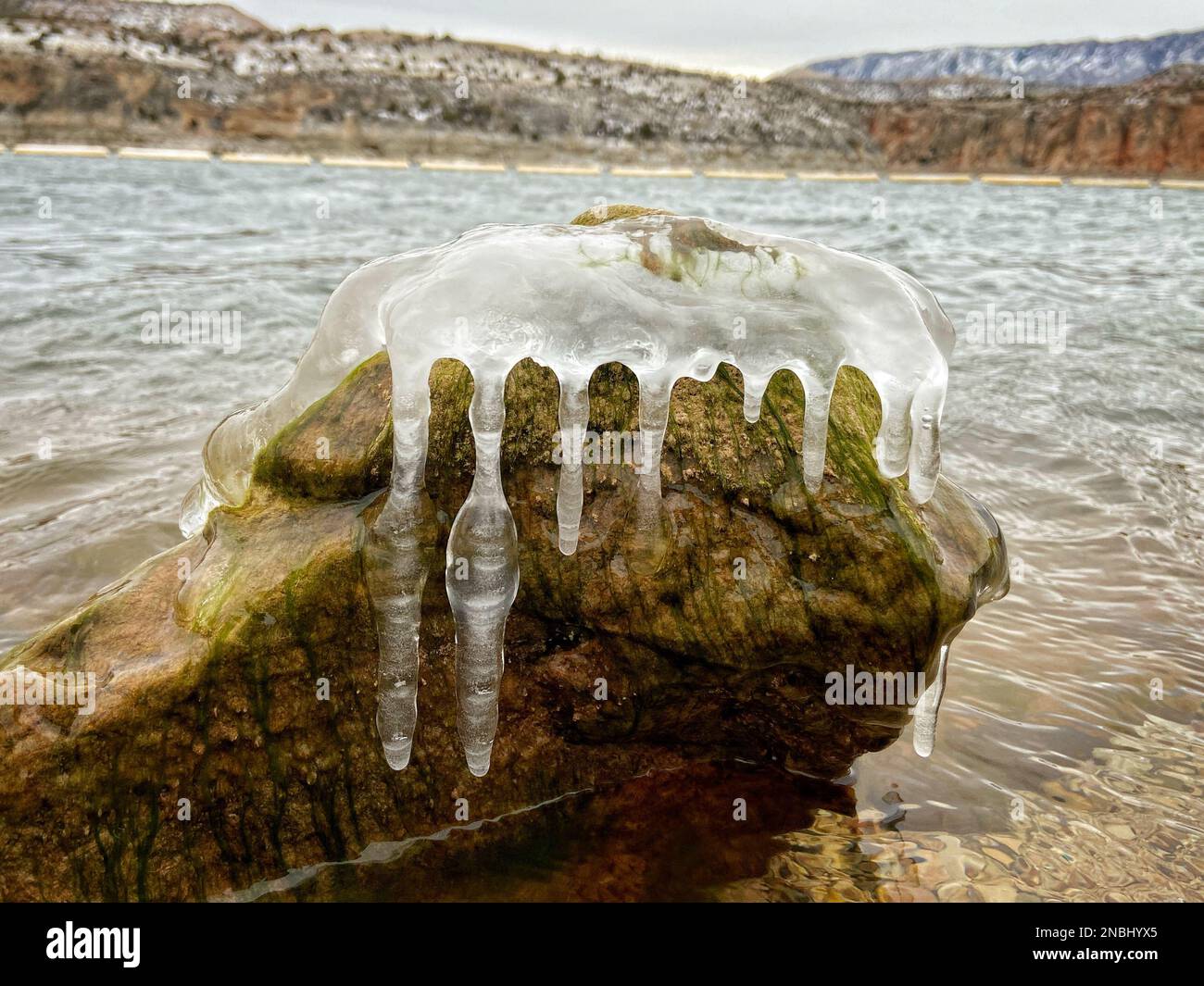 A close-up shot of a frozen lake in Bighorn Devil's Canyon, Montana ...
