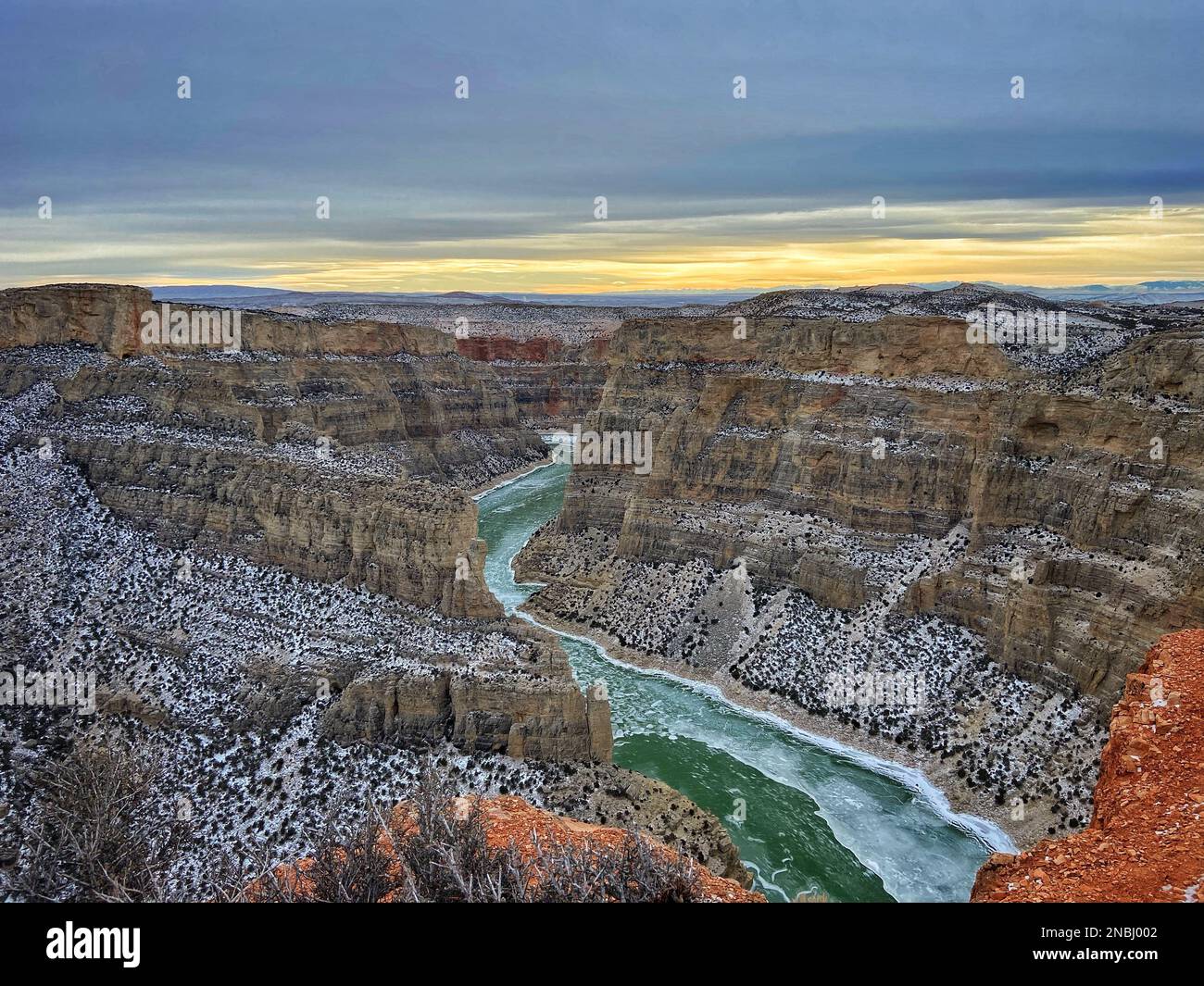 An aerial view of the Bighorn Devil's Canyon at sunset, Montana, United ...