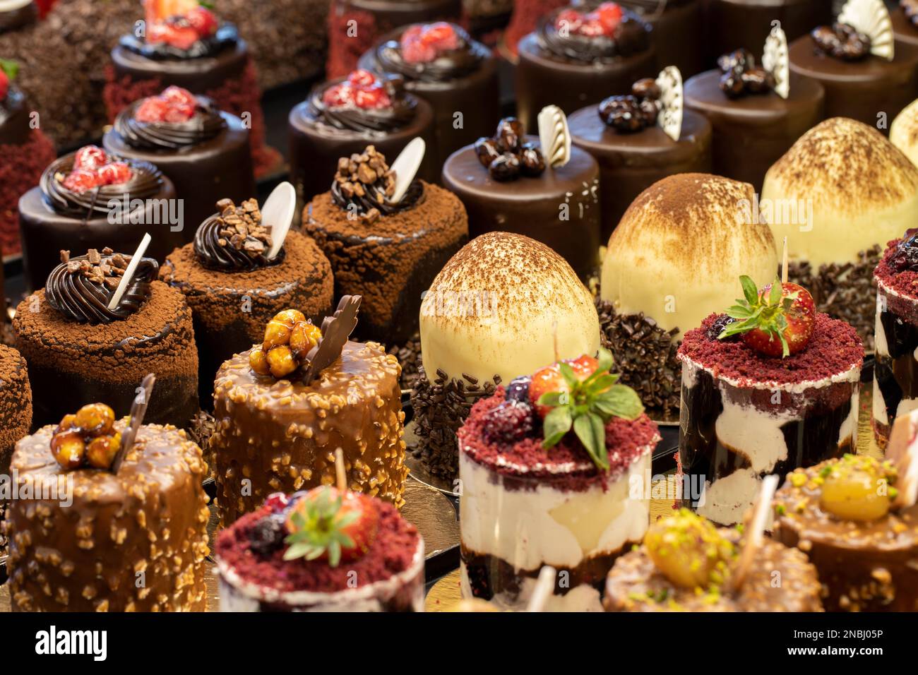 Types of cakes. Delicious cakes in bulk at the patisserie counter ...