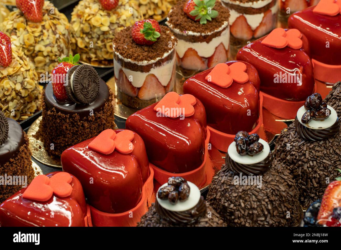 Types of cakes. Delicious cakes in bulk at the patisserie counter ...