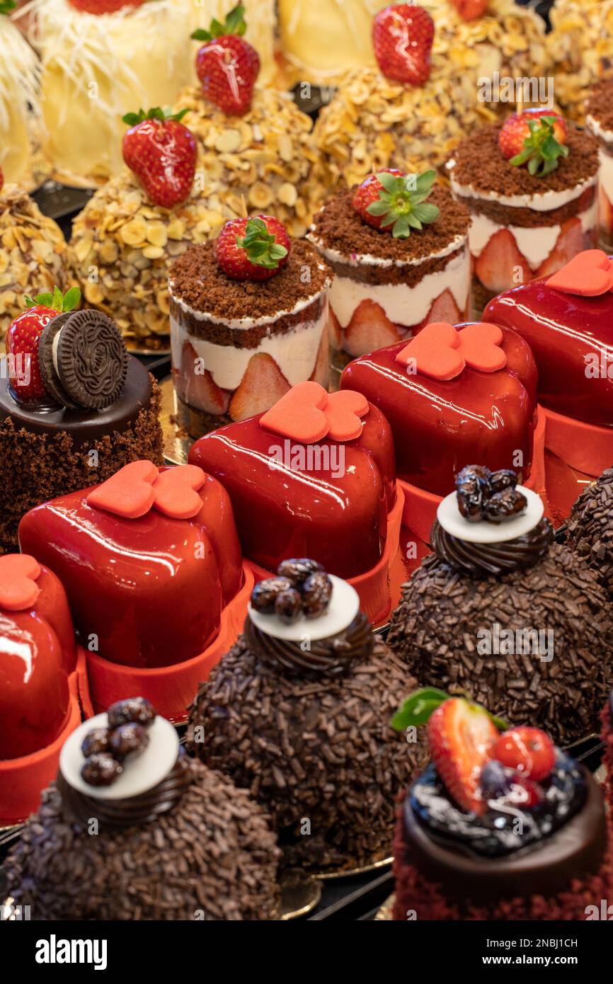 Types of cakes. Delicious cakes in bulk at the patisserie counter ...