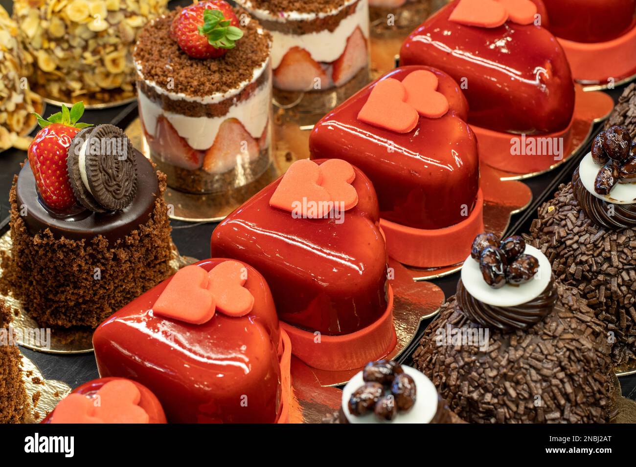 Types of cakes. Delicious cakes in bulk at the patisserie counter ...