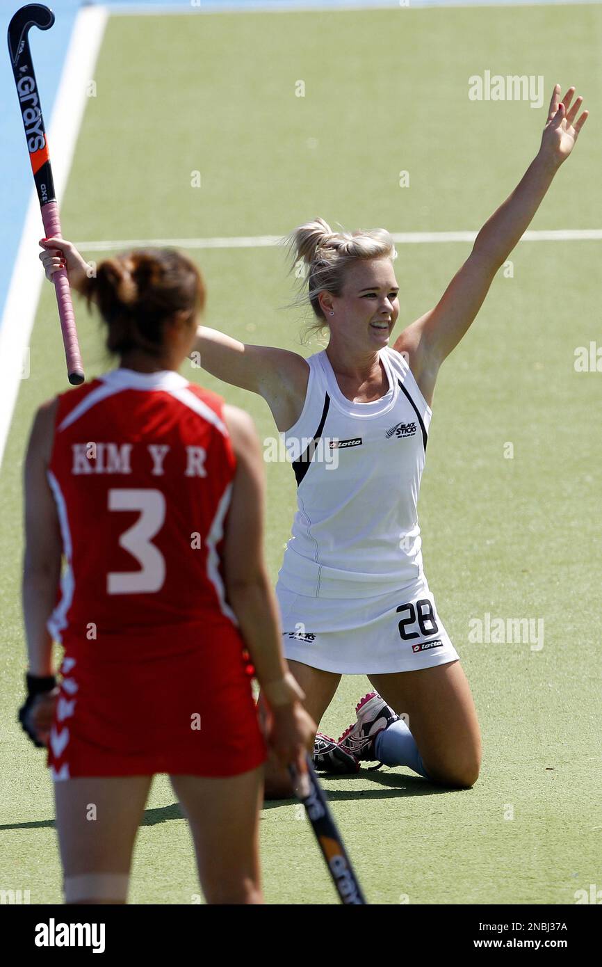 Charlotte Harrison of New Zealand, right, celebrates her winning goal ...