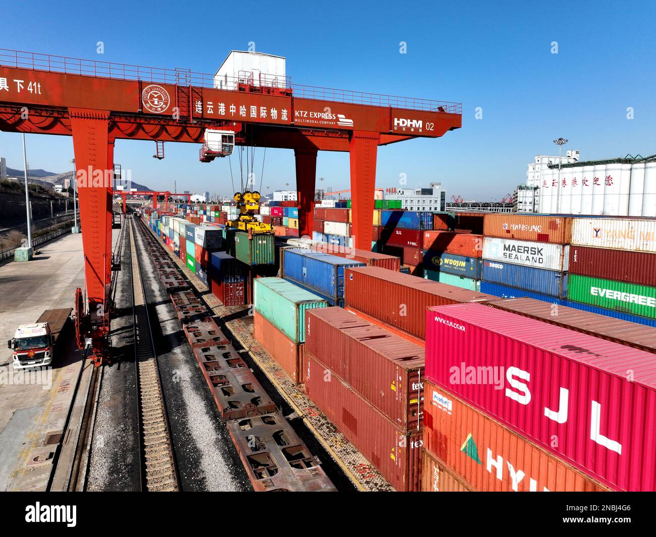 LIANYUNGANG, CHINA - FEBRUARY 14, 2023 - Large machinery loads ...