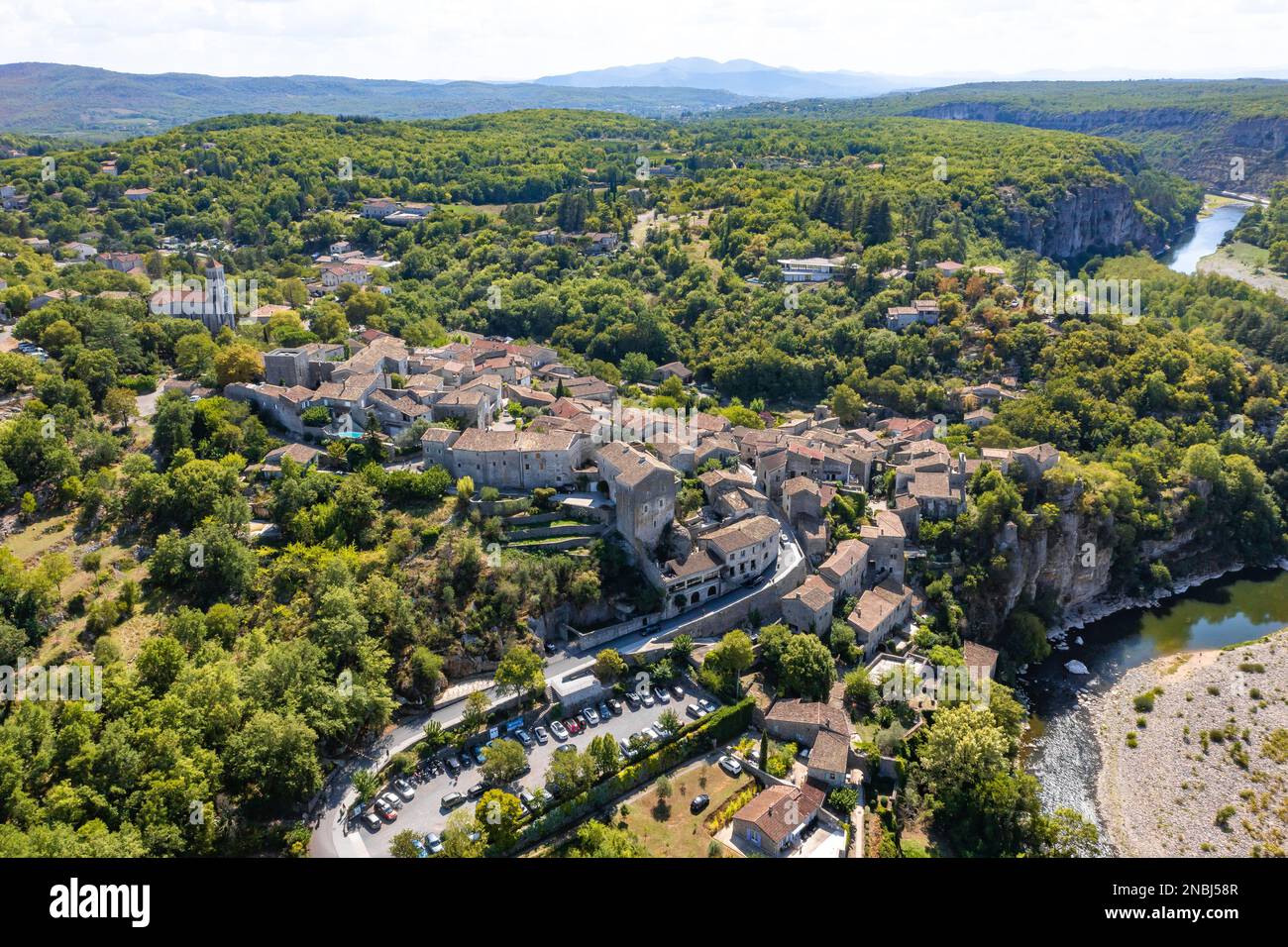 Aerial view of Balazuc, one of the most beautiful village in Ardeche ...