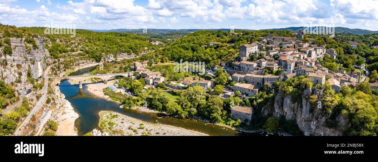 Aerial view of Balazuc, one of the most beautiful village in Ardeche ...