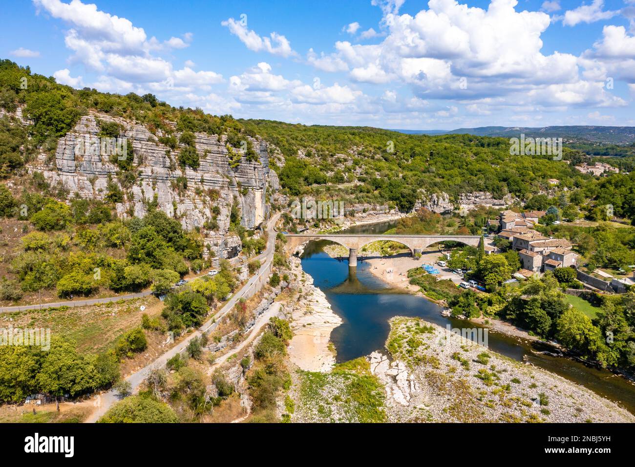 Aerial view of Balazuc, one of the most beautiful village in Ardeche ...
