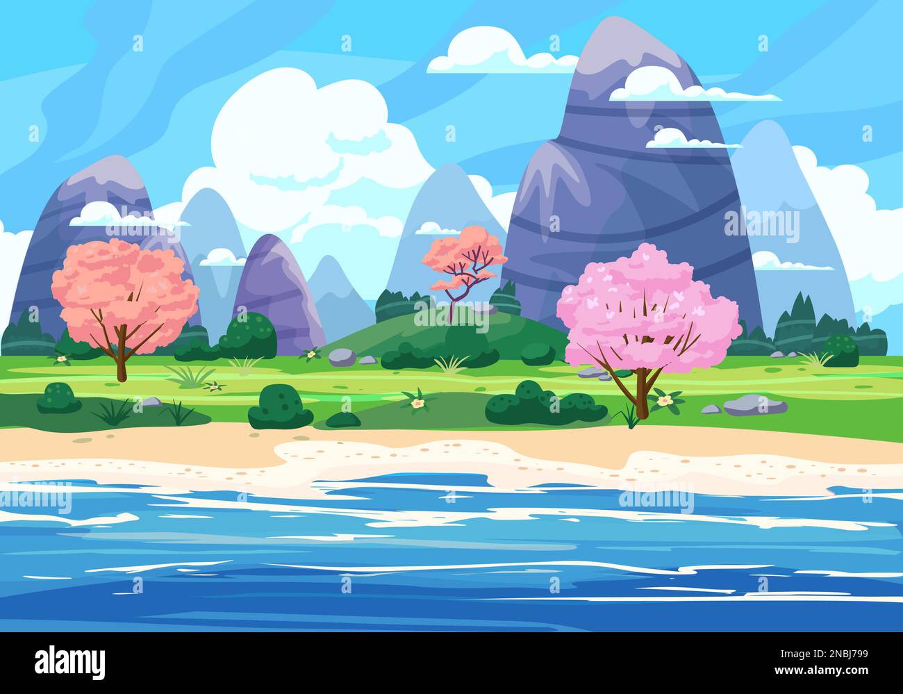 Fantasy landscape, beach, coast, green hills, blooming trees, spring ...