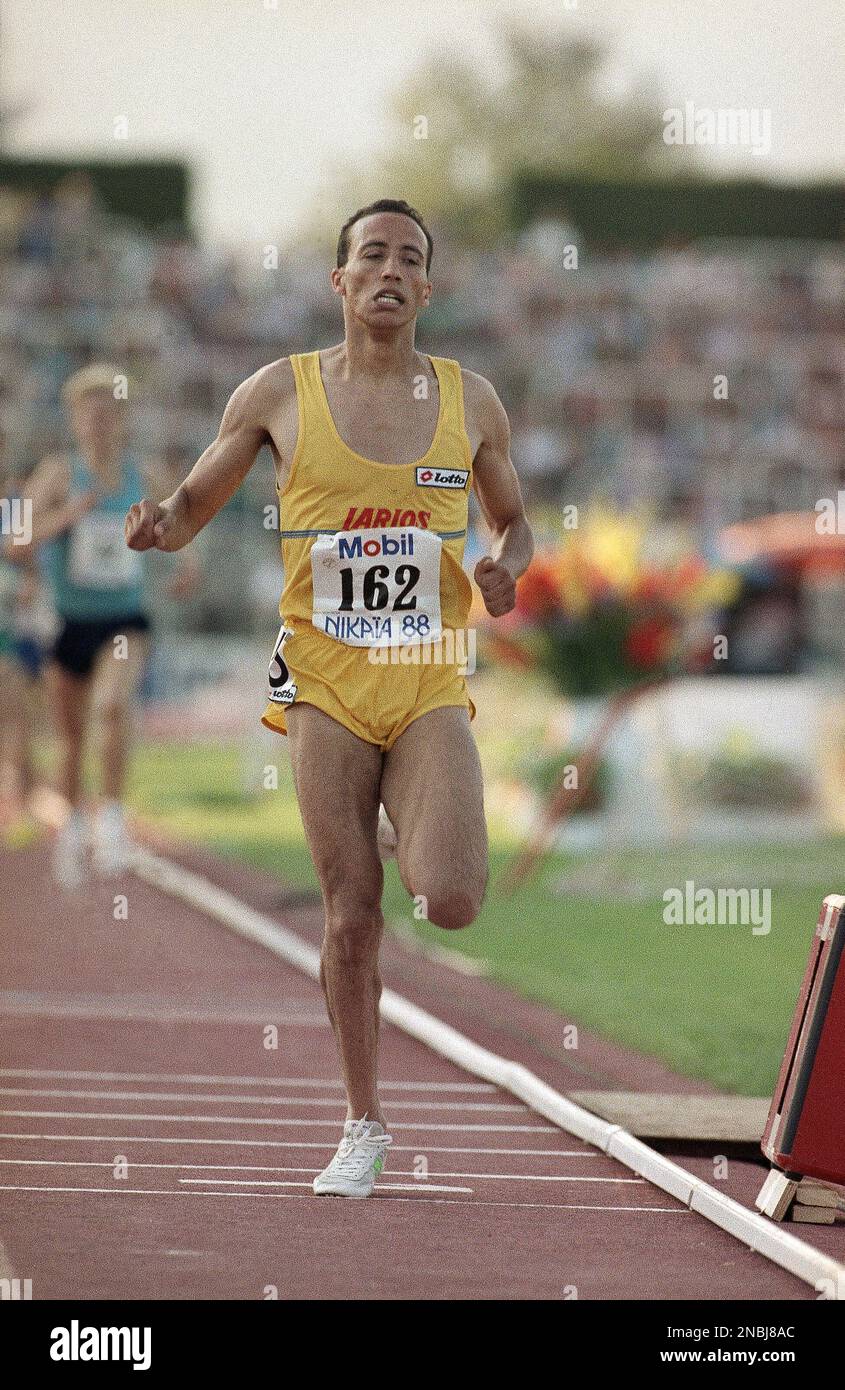 Maroccan athlete Said Aouita crosses first the finish line to win the ...