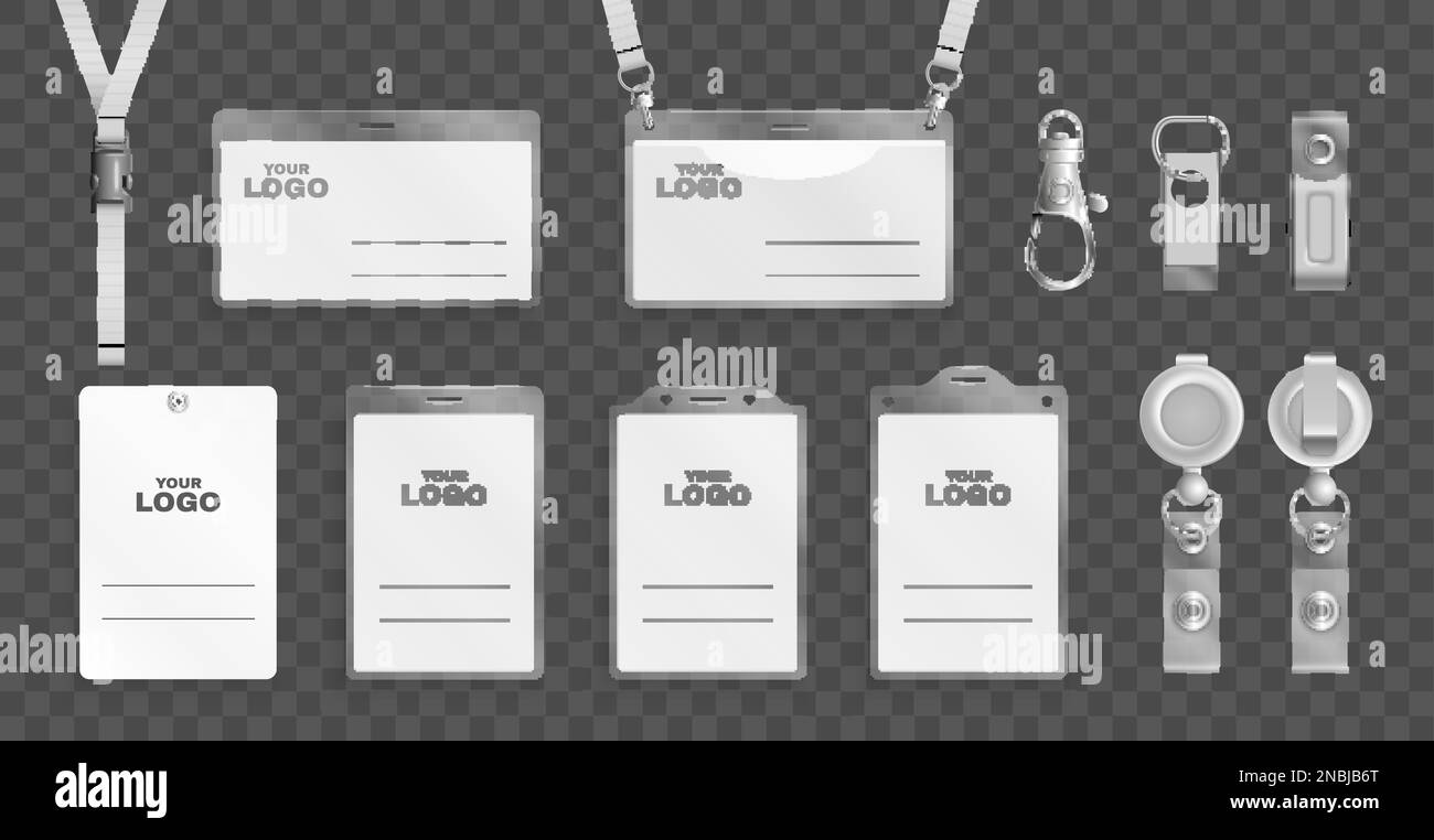 Realistic set of id badges cards templates in plastic holders with ...