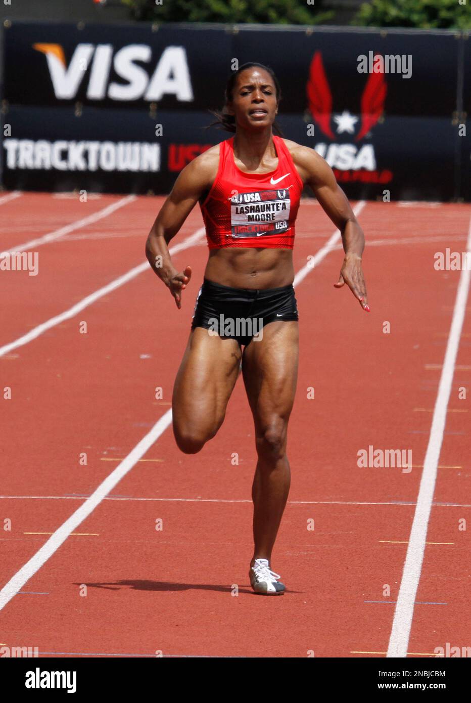 Sprinter Lashaunt'e Moore is shown during U.S. track and field ...