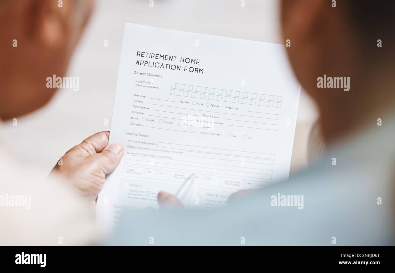 Contract, hands or old couple with paper with retirement agreement ...