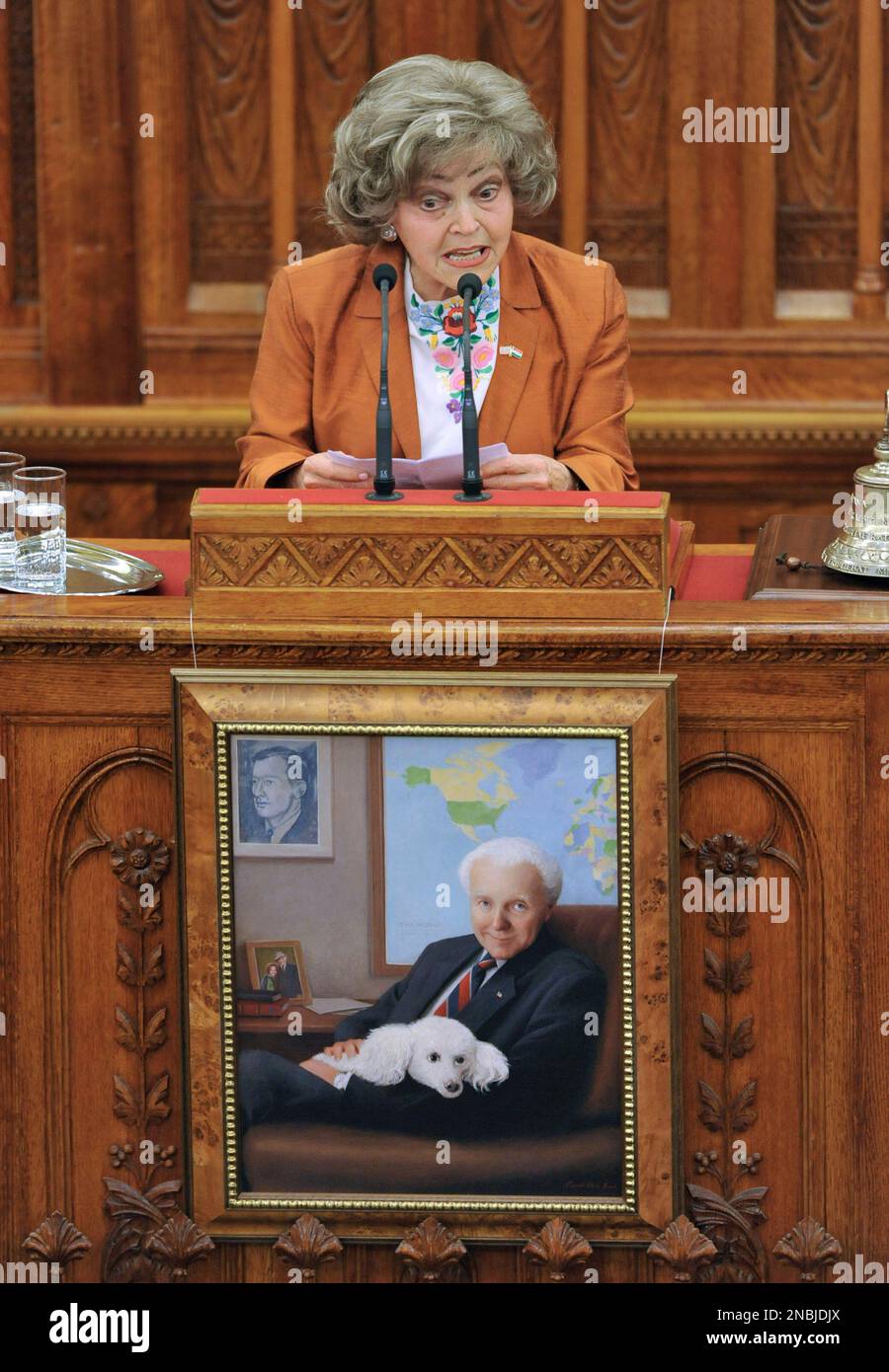 Annette Lantos, widow of Tom Lantos, delivers her speech during the ...