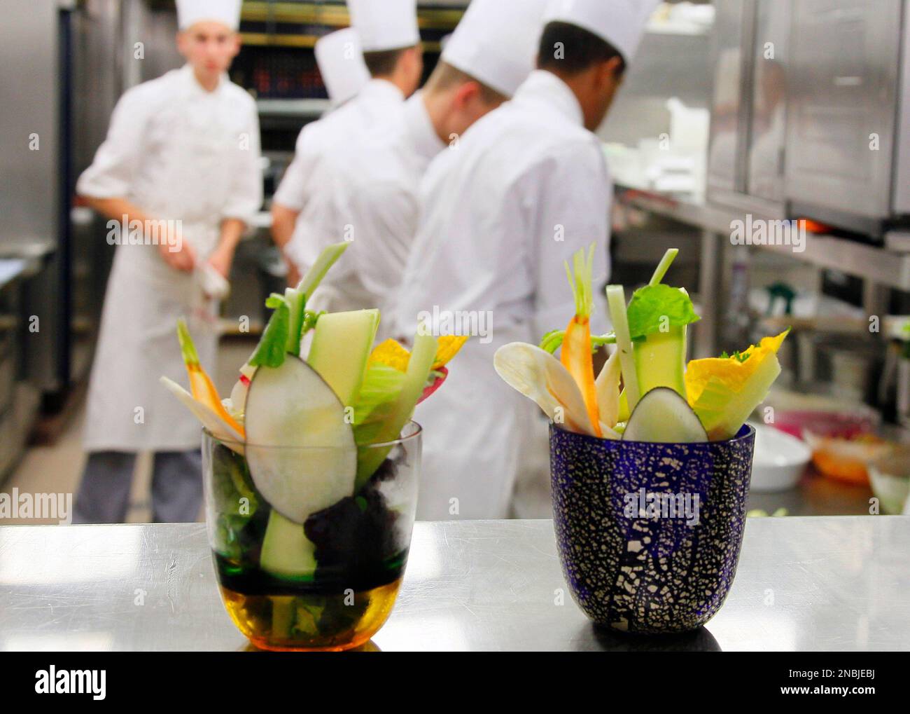 A creation of vegetables by Chef Alain Ducasse is displayed in the ...