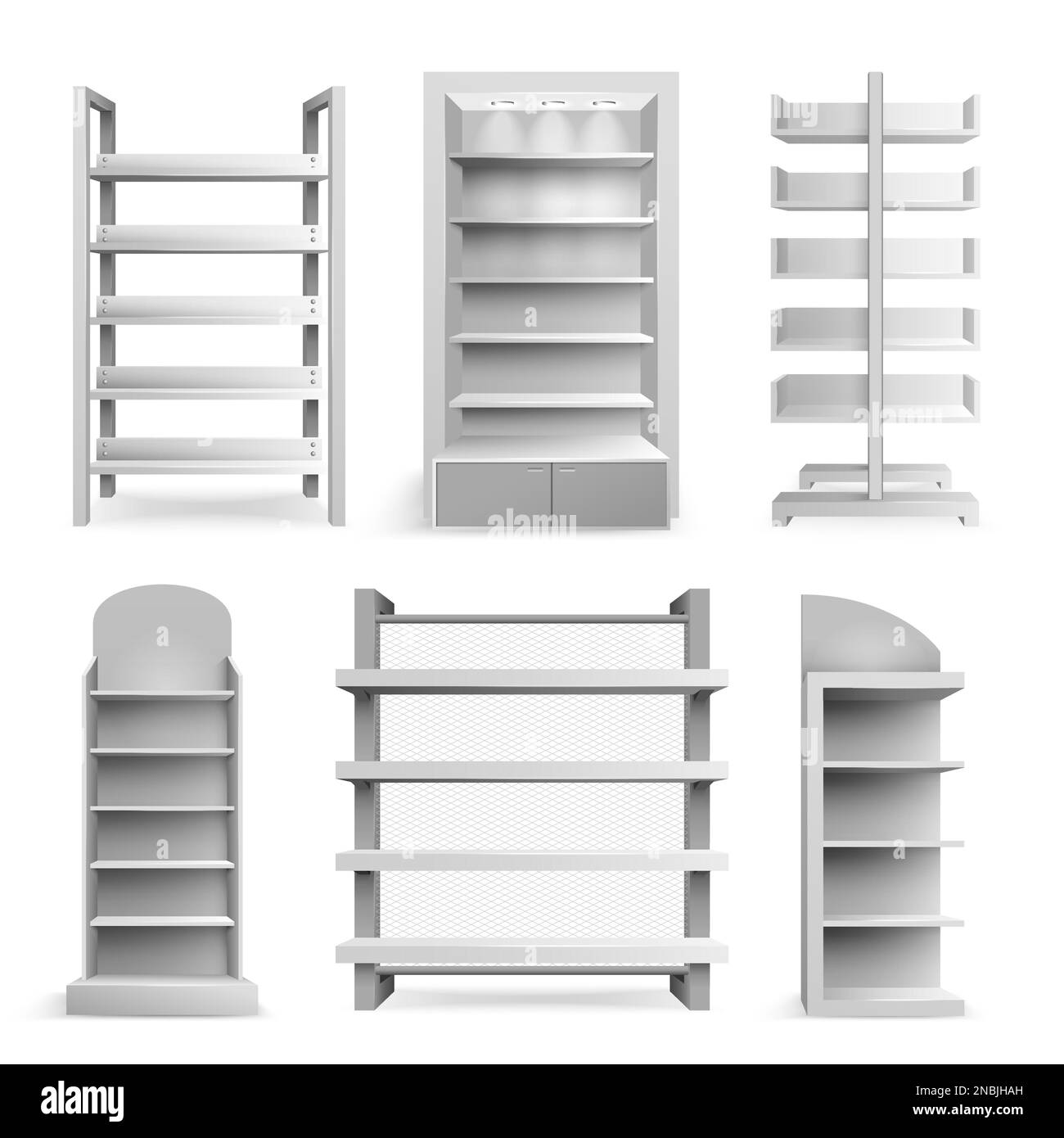 Various types of realistic white empty shopping racks and stands ...