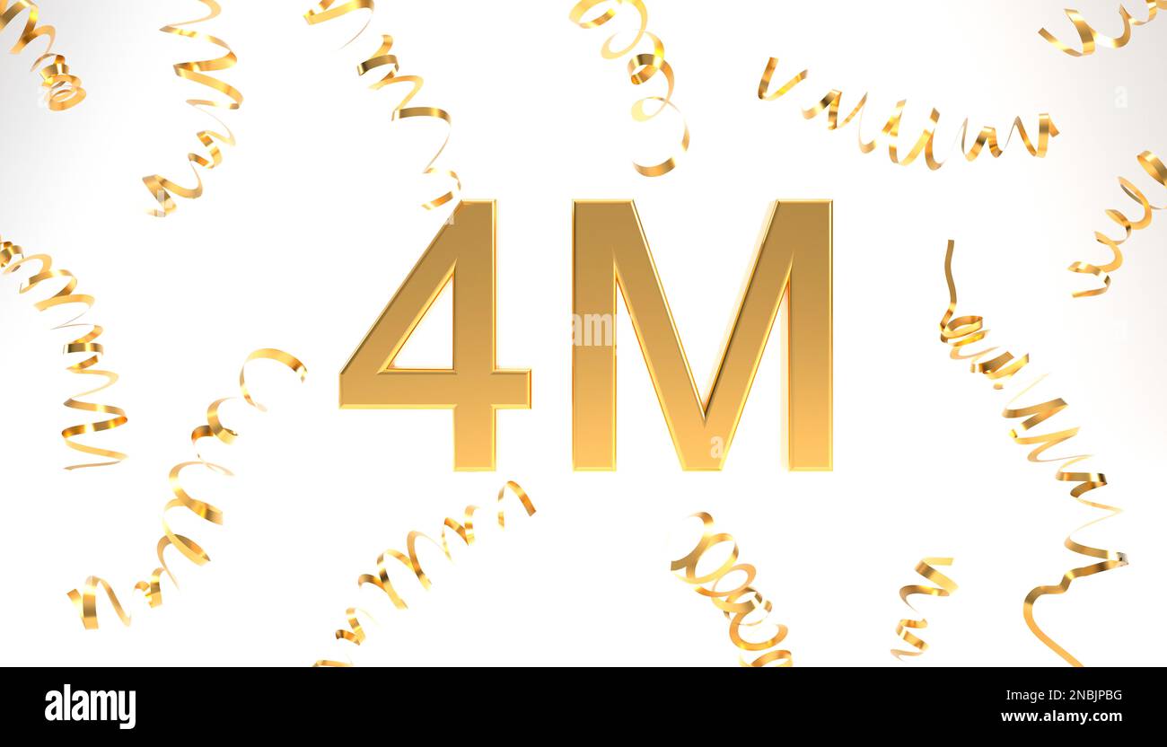Golden 4M followers symbol with confetti for celebration 3d rendering ...